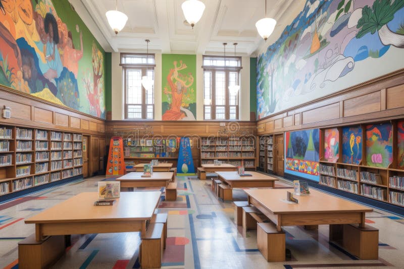 Brightly Colored Murals on Walls of School Library, with Books and ...