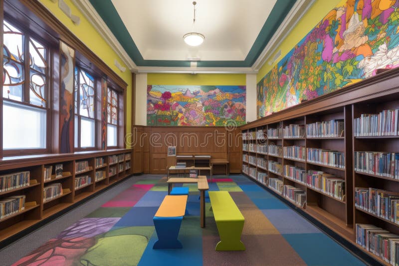 Brightly Colored Murals on Walls of School Library, with Books and ...