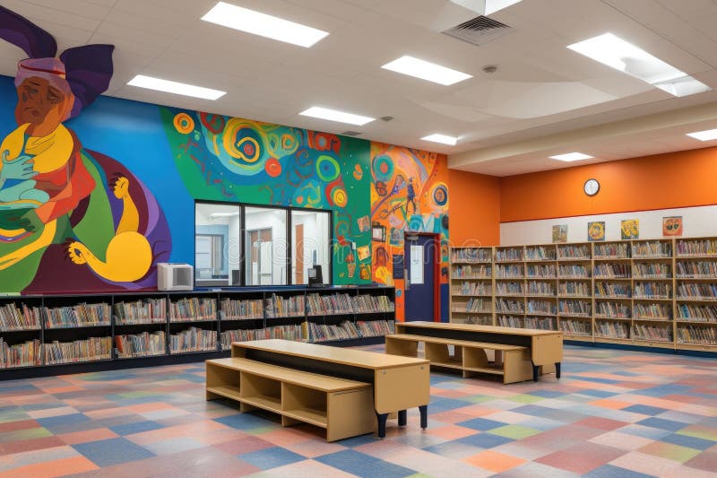 Brightly Colored Murals on Walls of School Library, with Books and ...