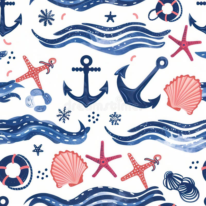 Brightly Colored Nautical Elements Like Anchors, Seashells, and Waves ...