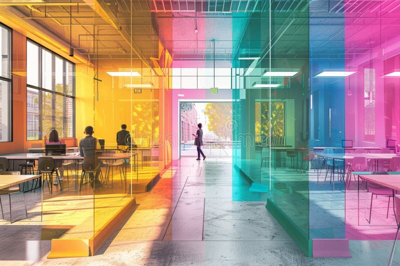 Brightly Colored Office with Various Tables and Chairs Neatly Arranged ...