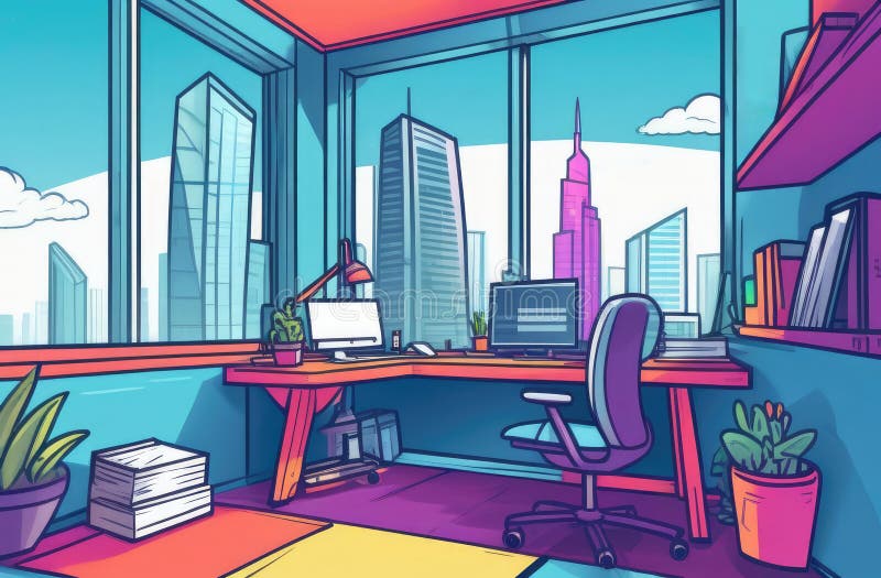 Modern Office Workspace with City Skyline View in Bright Colors during ...