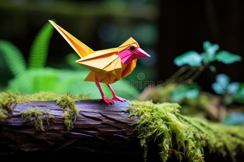 A Brightly Colored Origami Bird Perched on a Mossy Log Stock Image ...