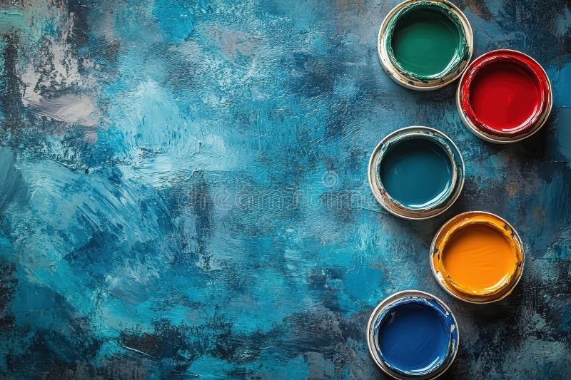 Colorful Paint Cans Arranged on a Textured Blue Backdrop in an Artist S ...