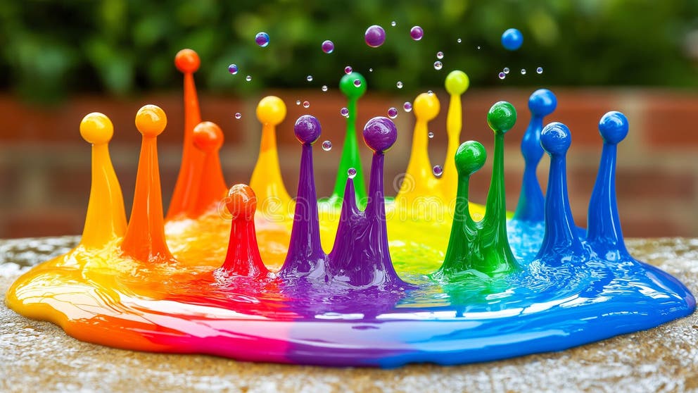 Brightly Colored Paint Droplets Splash in a Puddle Under Sunlight Stock ...