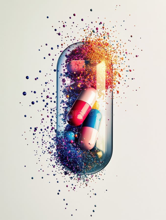 Colorful Particles Spill from a Split Capsule Creating a Vibrant ...