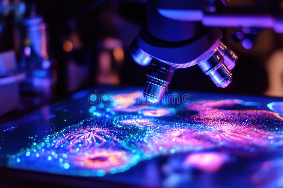 Microscope Examining Vibrant Patterns Under Illuminated Glass Surface ...