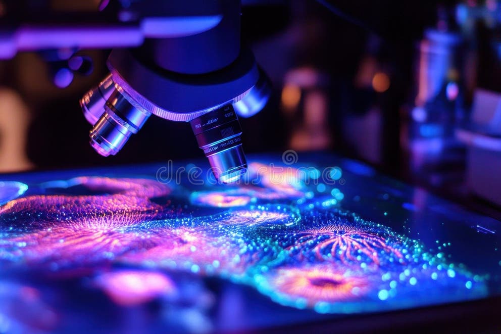 Microscope Examining Vibrant Patterns Under Illuminated Glass Surface ...