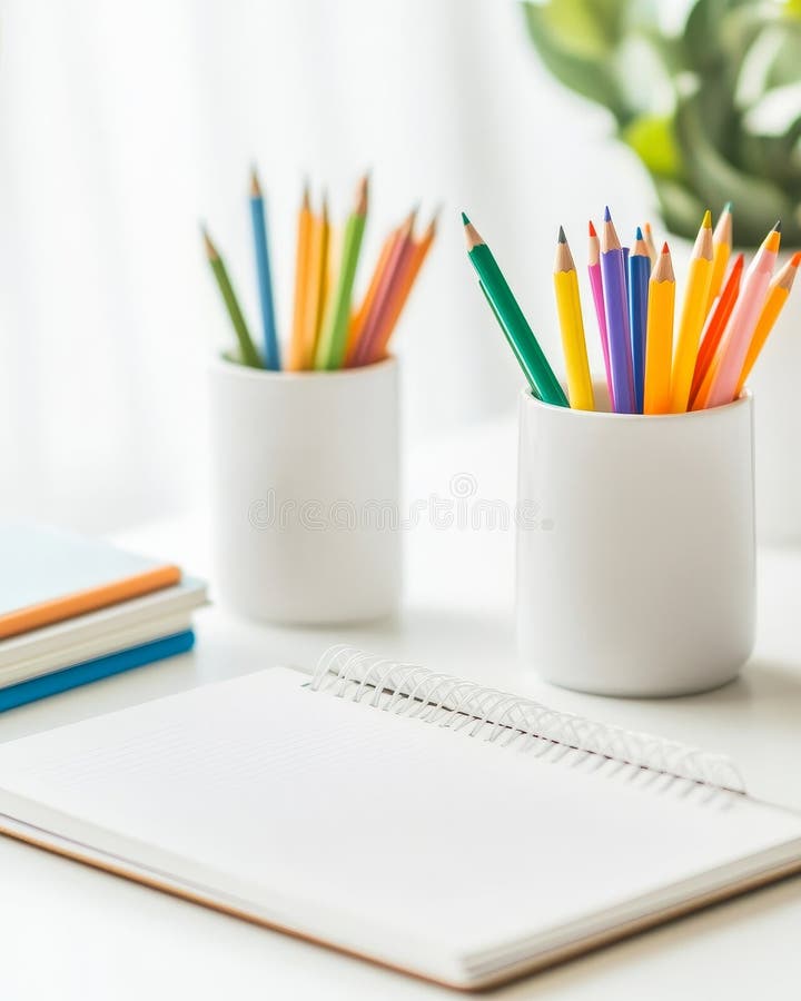 Brightly Colored Pencils in Glass Containers on a Desk, Suitable for ...