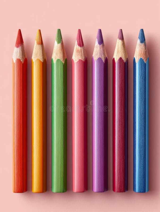 Brightly Colored Pencils Neatly Aligned on Soft Pink Background Surface ...