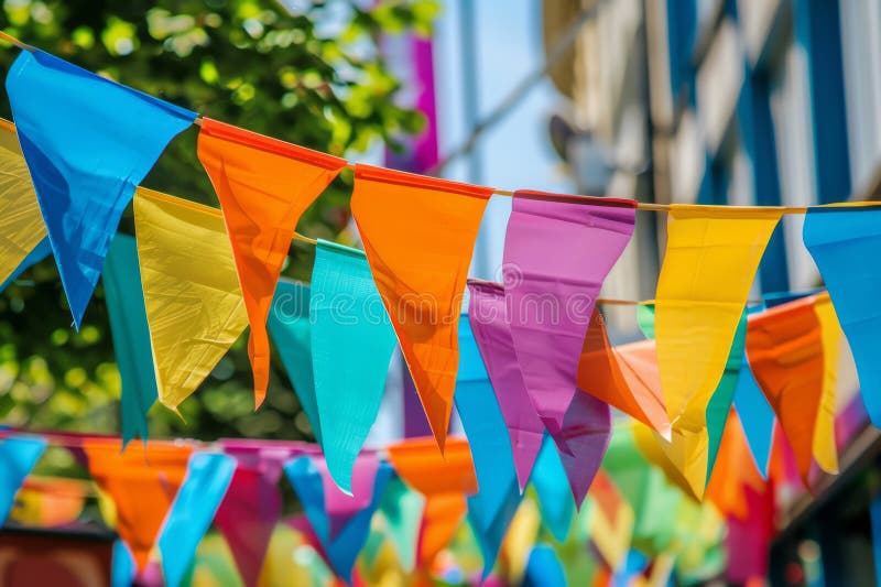 Brightly Colored Pennant Flags Hanging Outdoors. Festive Atmosphere for ...