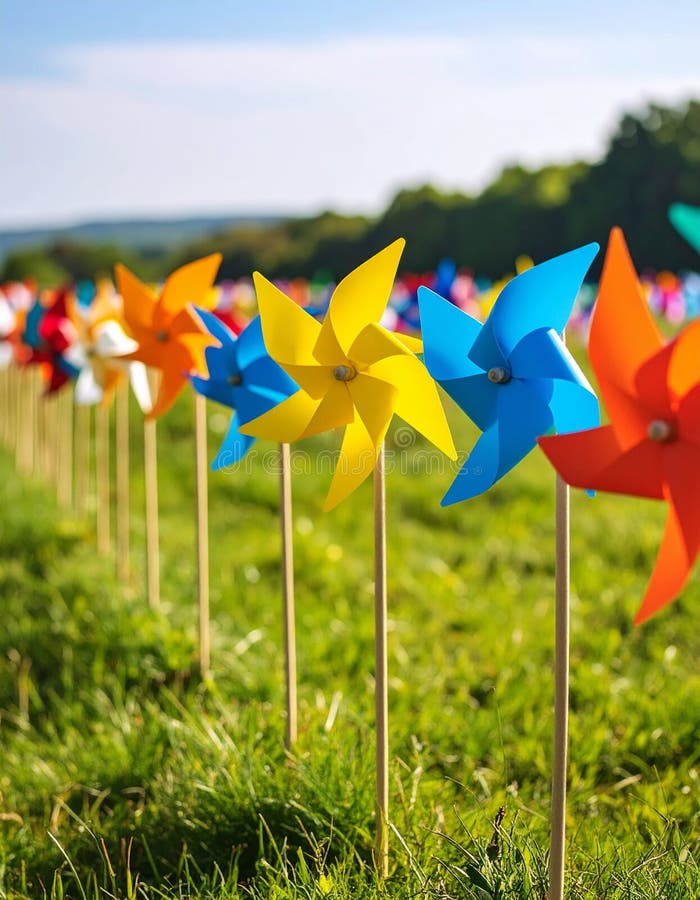 Brightly Colored Pinwheels Spinning in the Wind on a Vibrant Green Meadow Stock Illustration ...