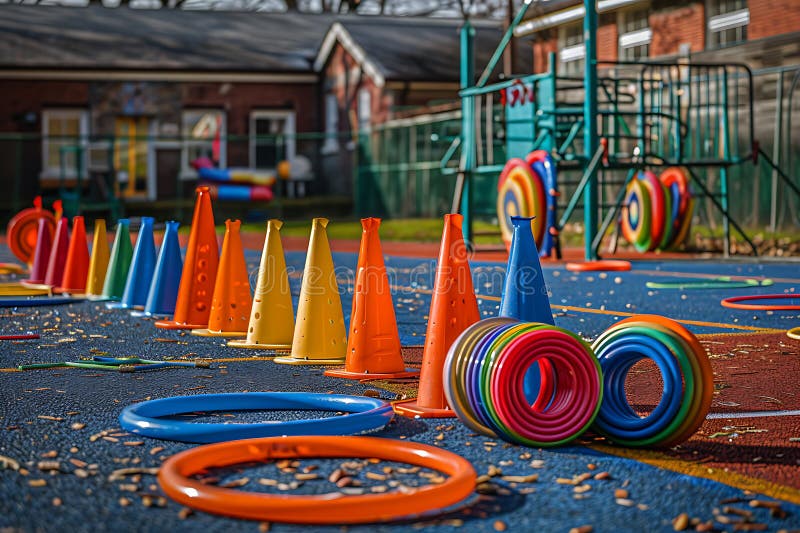 Brightly Colored Playground Equipment Including Cones and Rings ...