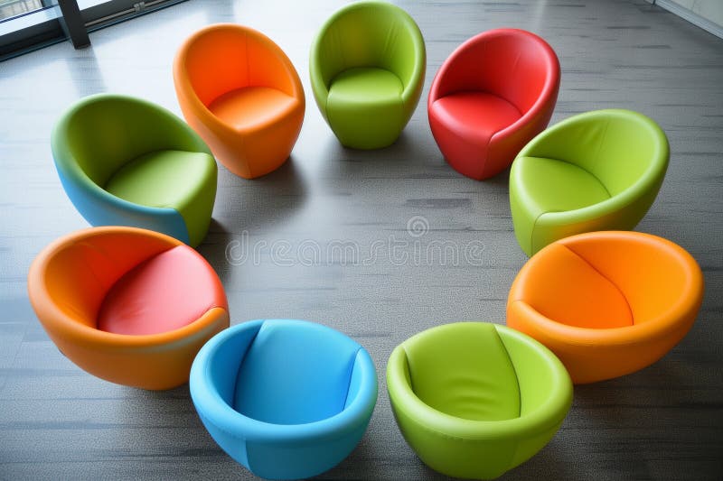 Brightly Colored Pod Chairs Arranged in a Circle for a Group Discussion ...