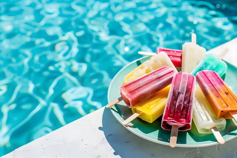 Brightly Colored Popsicles on a Plate Near the Pool Stock Illustration ...