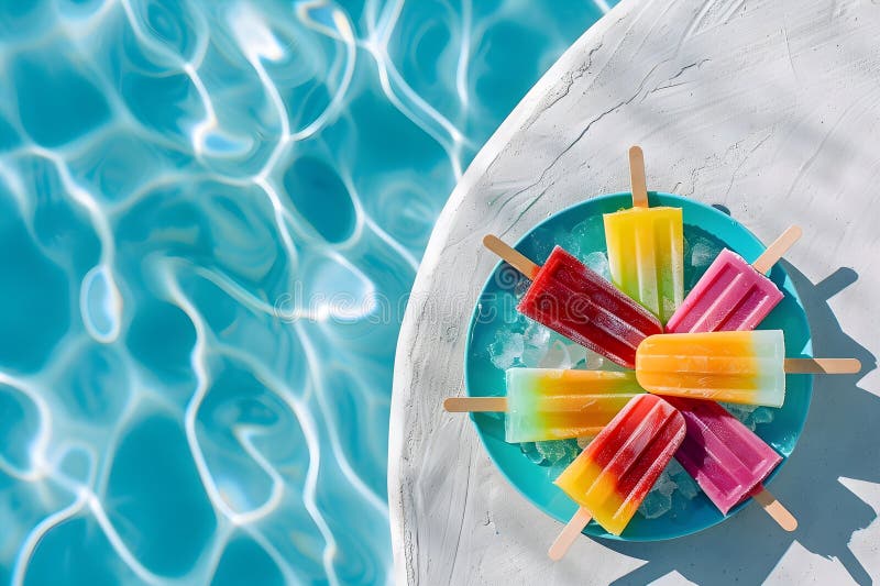 Brightly Colored Popsicles on a Plate Near the Pool Stock Illustration ...