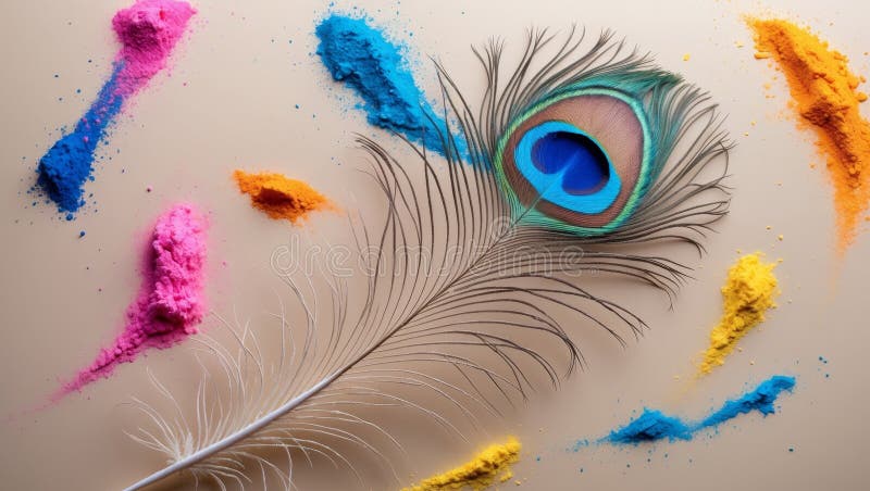 Brightly Colored Powder and Peacock Feather on Beige Background Stock ...