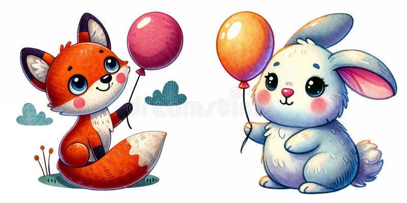 Brightly Colored Rabbit and Fox Characters Celebrating with Balloons at ...