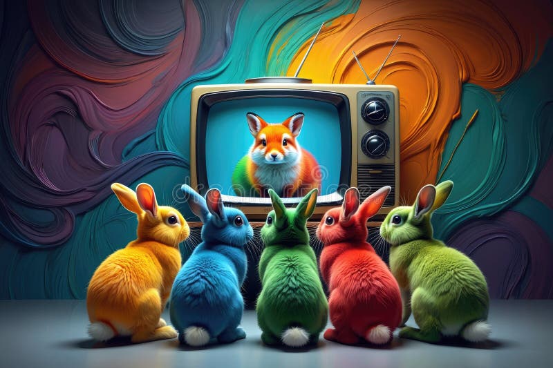 Brightly Colored Rabbits Watching a Fox on an Old Television in a ...