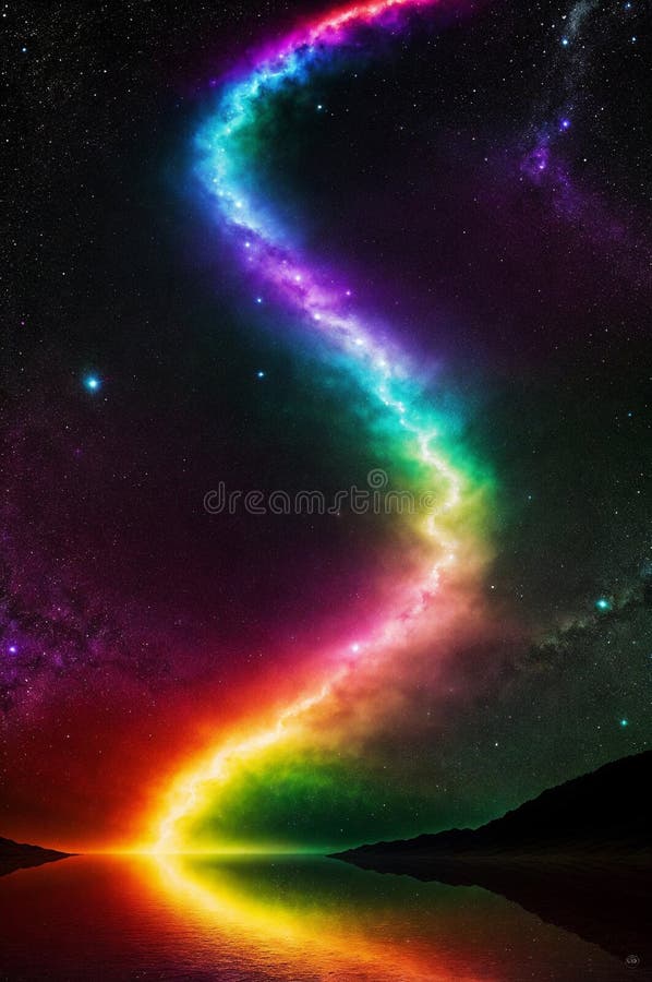 A Brightly Colored Rainbow Stream of Light in the Sky Over a Lake ...