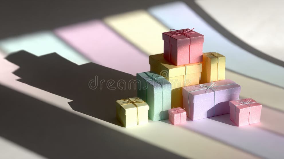 Brightly Colored Rectangular Boxes Stacked on a Wooden Table with a ...