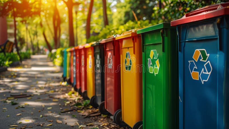 Brightly Colored Recycling Bins Lined Up in a Green Park Stock Image ...
