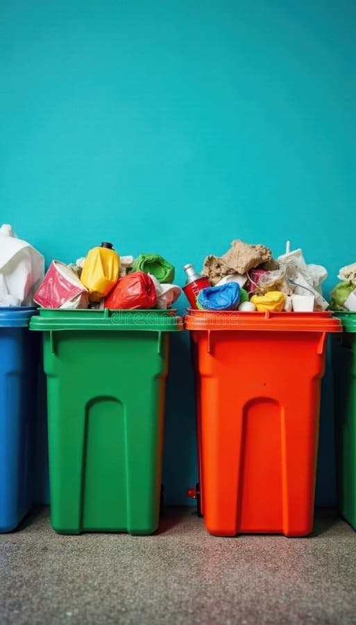 Brightly Colored Recycling Bins Overflowing with Sorted Waste , Plastic ...