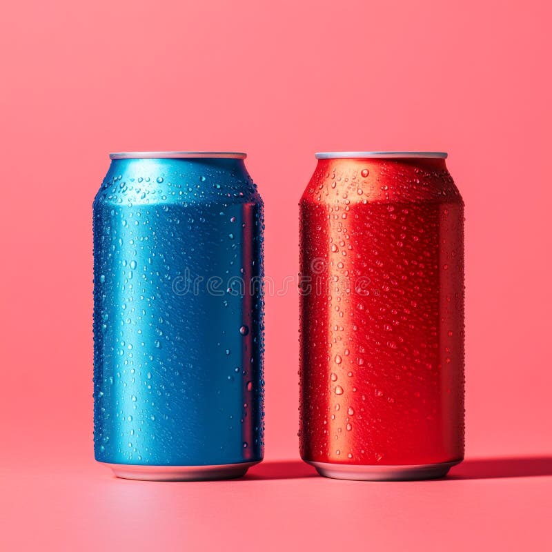 Brightly Colored Red and Blue Soda Cans with Condensation Against a ...