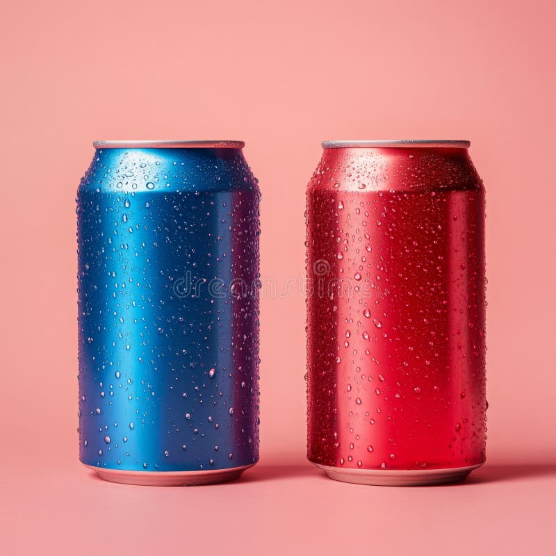 Brightly Colored Red and Blue Soda Cans with Condensation on a Solid ...