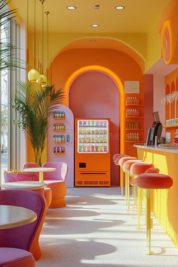 A Brightly Colored Restaurant with a Neon Orange Drink Machine Stock ...
