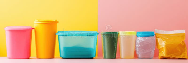 Brightly Colored Reusable Containers Contrast with an Array of Single ...