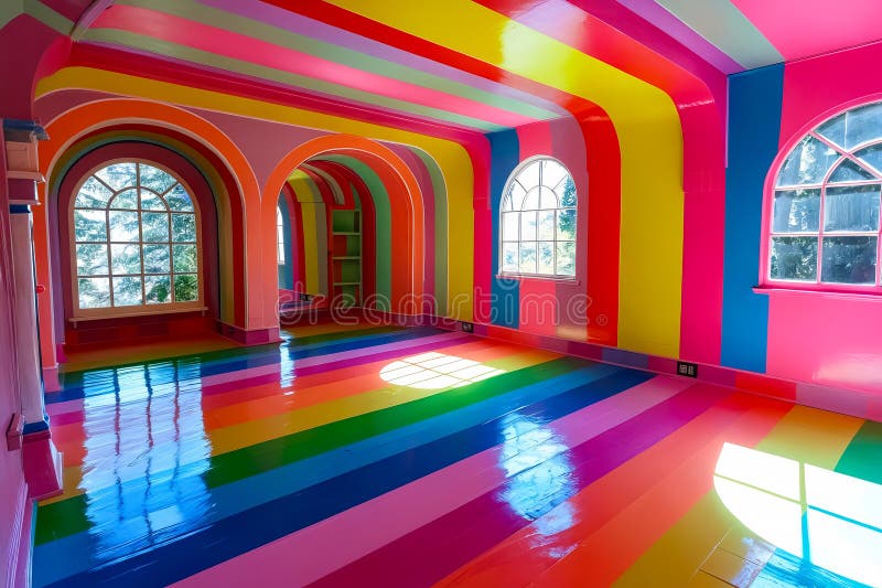 A Brightly Colored Room with Arched Windows and a Rainbow Colored Floor ...