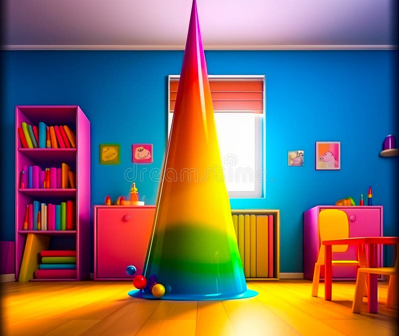 Brightly Colored Room with Large Cone on the Floor and Chair in the ...