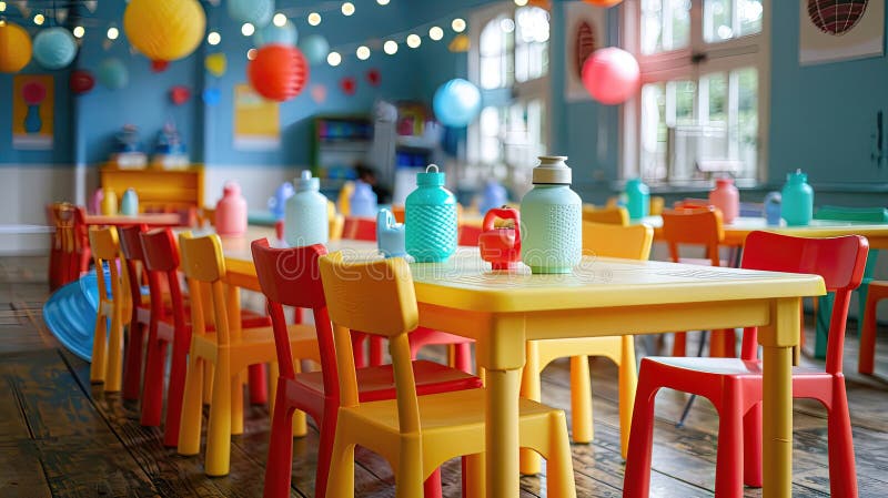 A Brightly Colored Room with Many Chairs and Tables Stock Photo - Image ...
