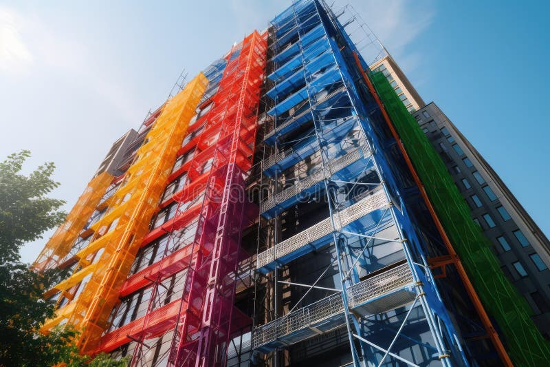 Brightly Colored Scaffolding Against the Backdrop of Modern Skyscraper ...