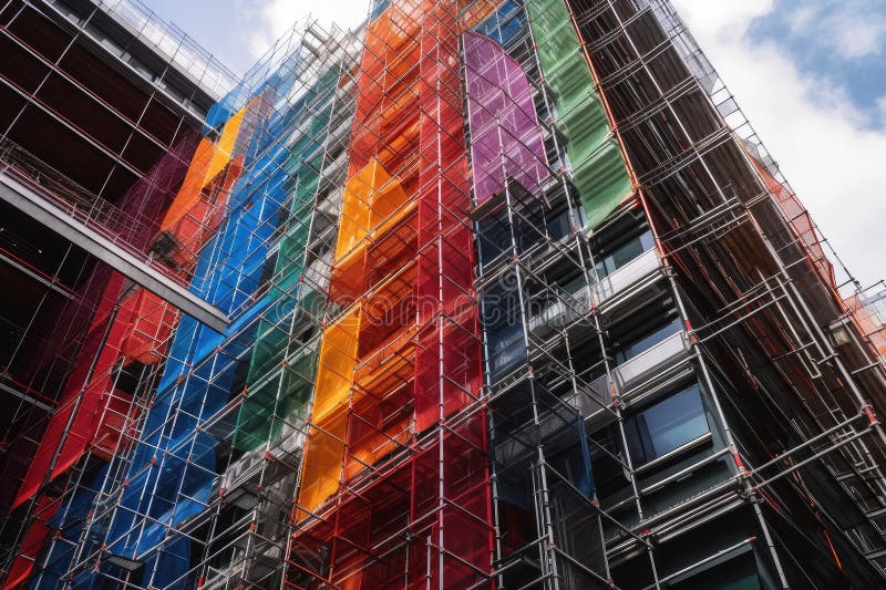 Brightly Colored Scaffolding Against the Backdrop of Modern Skyscraper ...