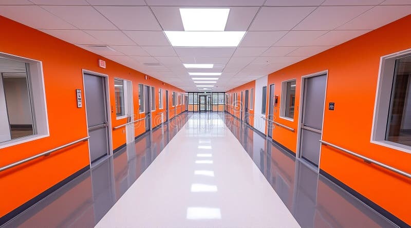 Brightly Colored School Hallway with Doors and Windows Provides Modern ...