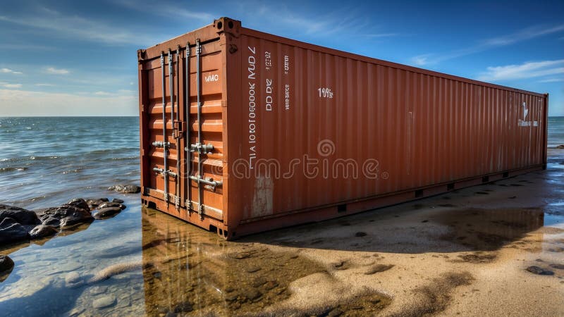 Brightly Colored Shipping Container Resting on a Beach with Waves and ...