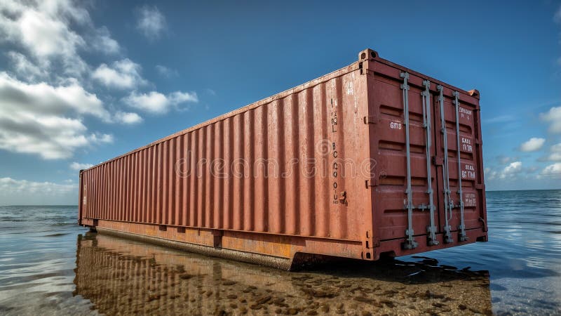 Brightly Colored Shipping Container Resting on a Beach with Waves and ...