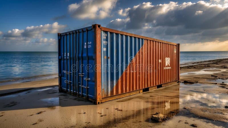 Brightly Colored Shipping Container Resting on a Beach with Waves and ...