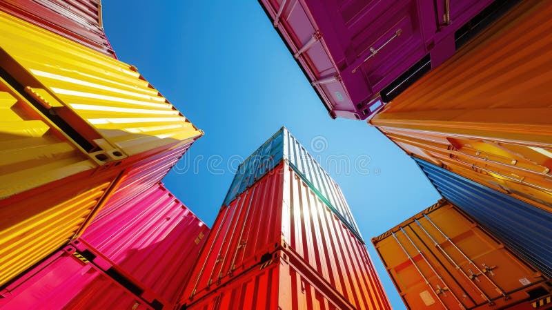 Stacked Symmetry Brightly Colored Shipping Containers Against Clear Sky ...