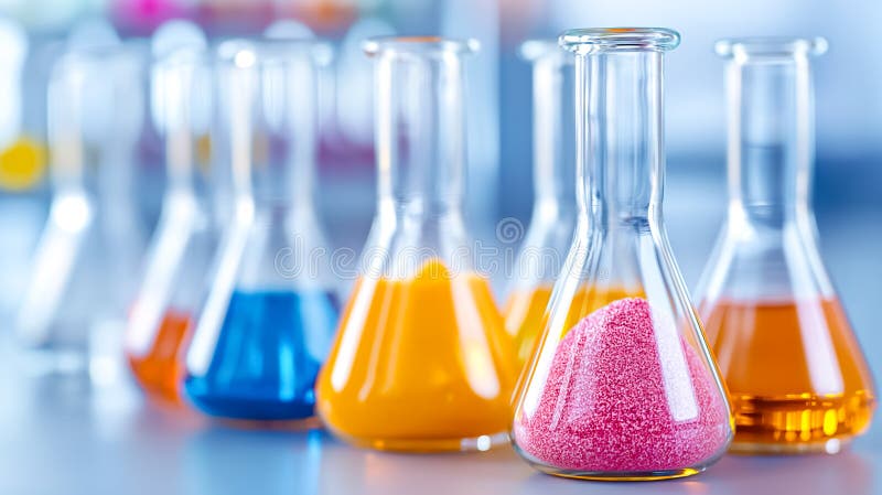 Brightly Colored Solutions and Powders are Displayed in Multiple Flasks ...