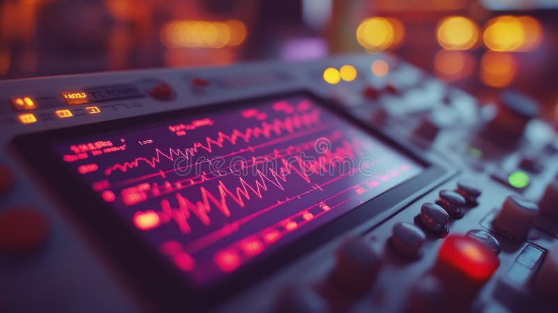 Close-up of an Advanced Audio Mixer Displaying Vibrant Sound Wave ...