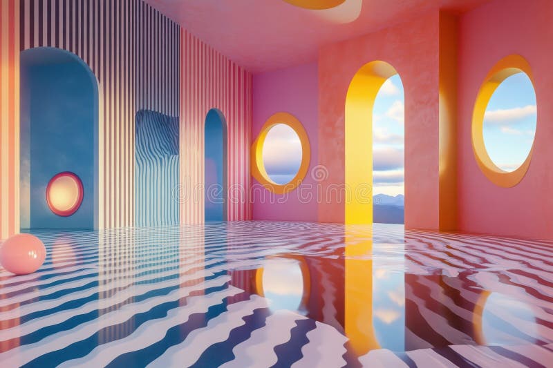 Colorful Modern Interior with Abstract Design and Reflections at Sunset ...