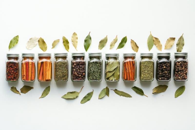 Brightly Colored Spice Jars are Arranged with Cinnamon Sticks and Bay ...