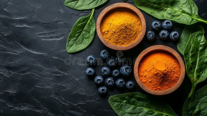 Brightly Colored Spices and Blueberries Set on a Blue Surface with ...