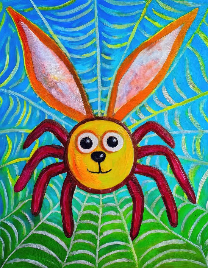Colorful Playful Spider with Bunny Ears Surrounded by Vibrant Web and ...