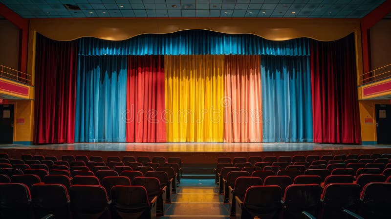Brightly Colored Stage with Rows of Blue Chairs Stock Photo - Image of ...