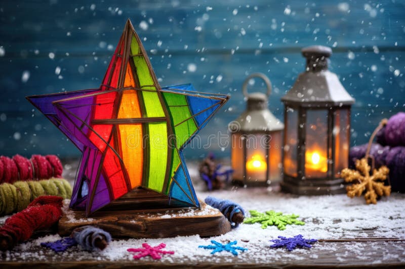 Brightly Colored Star-shaped Lantern on Rustic Wooden Table Surrounded by Snow Outdoors in ...
