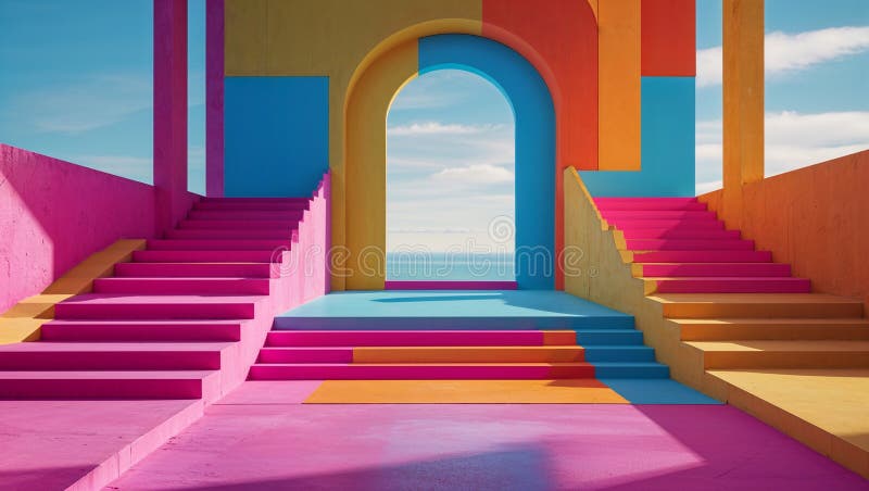 Brightly-Colored Steps and Arches by the Coast Stock Illustration ...